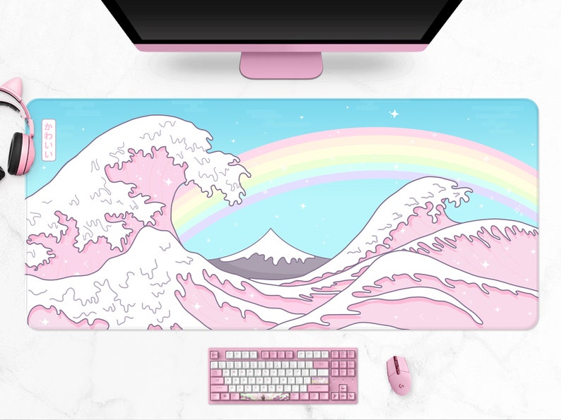 Kawaii Wave Desk Mat Xl Pastel Mousepad Cute Pink Lilac | Etsy