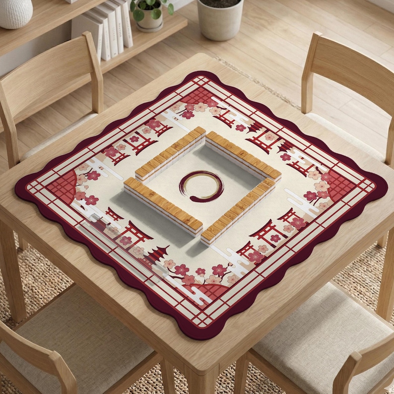 Burgundy Sakura Mahjong Table Mat, Scalloped Edge Game Mat, Japanese ...