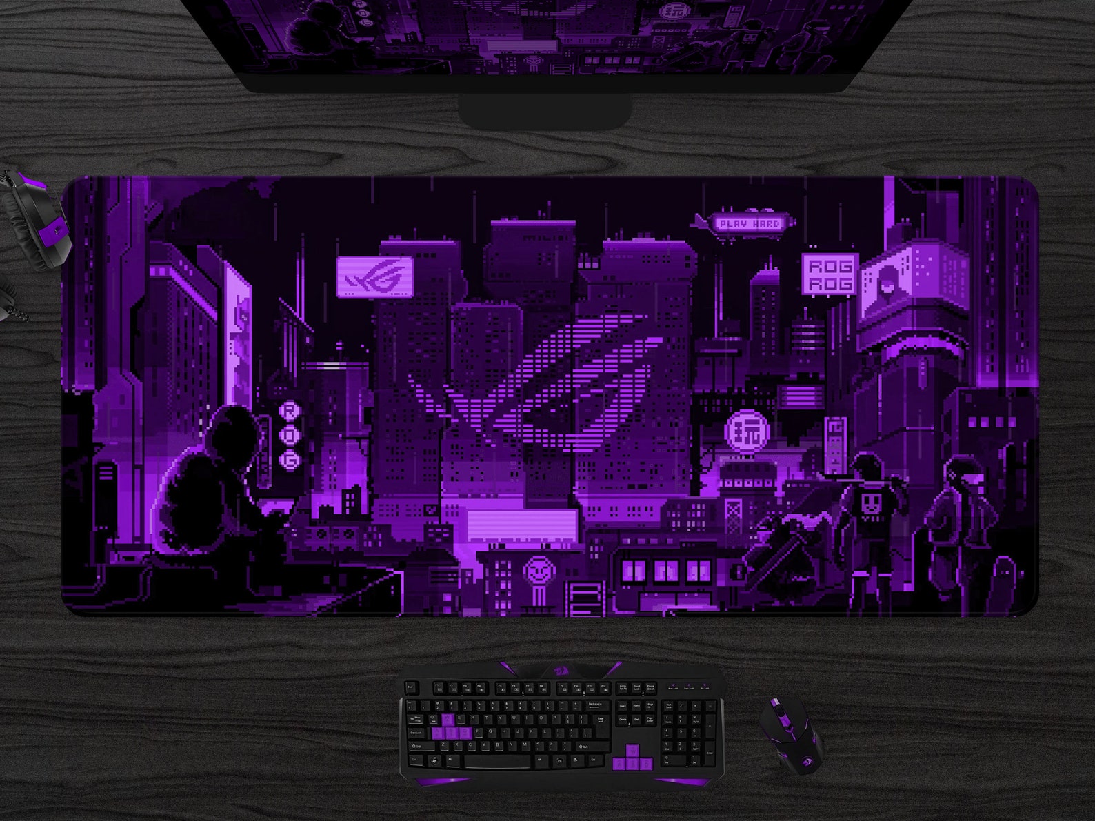 Purple Gaming Desk Mat Vaporwave Mousepad Xl Neon Tokyo - Etsy