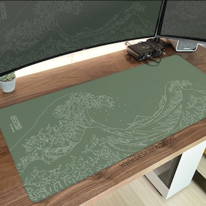 Japanese Great Wave Desk Mat Green Mousepad, Hokusai Japan Ukiyo-e Edo ...