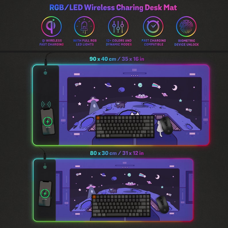 Led Desk Mat Gaming, Space Cat Deskmat, Cute Purple Anime Aesthetic ...