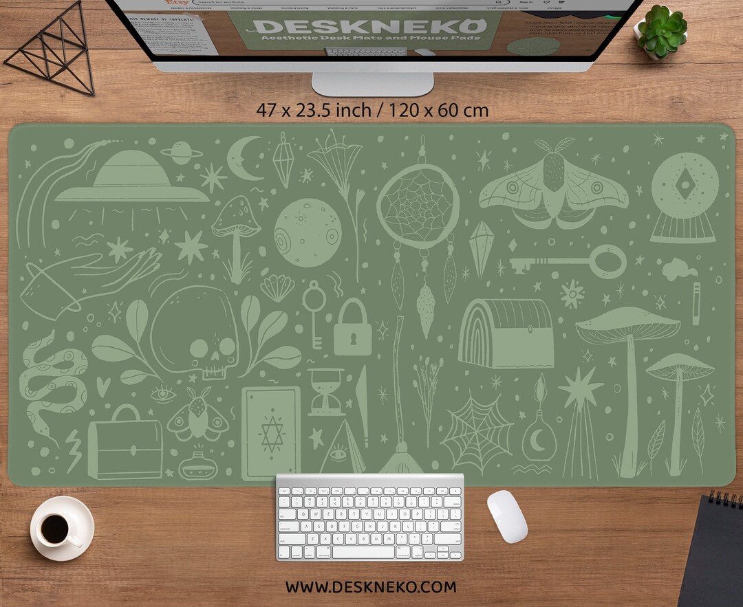 Cute Witchy Desk Mat Green, Spooky Goth Mouse Pad, Sage Skull Mushroom ...