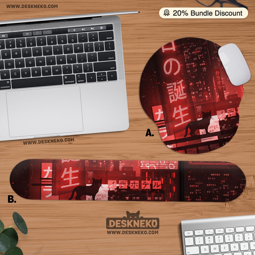 Red Mouse Pad Keyboard Wrist Rest, Black Cat Neon Tokyo Japan ...