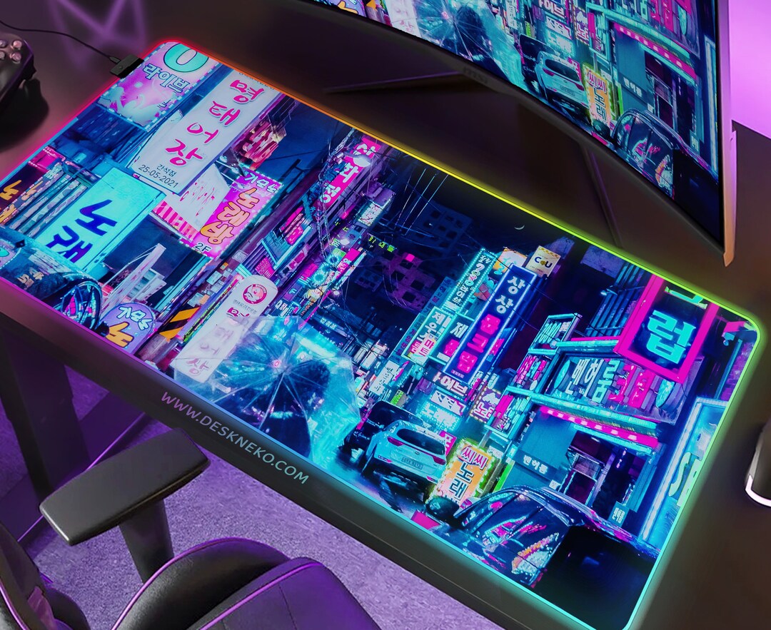 Neon Street Desk Mat, Cyan Gaming Mousepad, Japanese Vaporwave ...