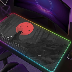 Red Moon Samurai Desk Mat Japanese Mousepad, LED RGB Gaming Deskpad ...