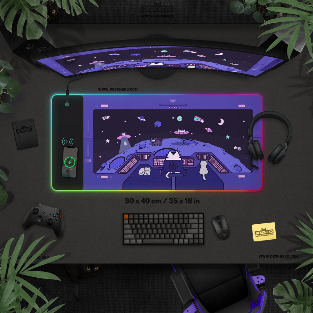 Led Desk Mat Gaming, Space Cat Deskmat, Cute Purple Anime Aesthetic ...