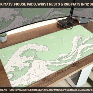 Matcha Green Mousepad Great Wave, Kawaii Desk Mat Japanese Ocean ...