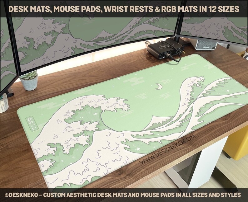 Matcha Green Mousepad Great Wave Kawaii Desk Mat Japanese - Etsy