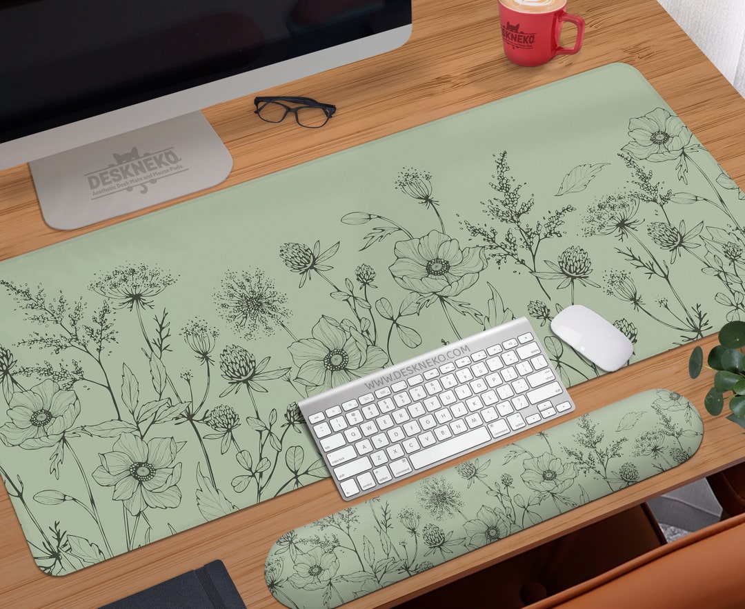 Wild Flowers Desk Mat Green, Desert Sage Mousepad Large, Boho Floral ...