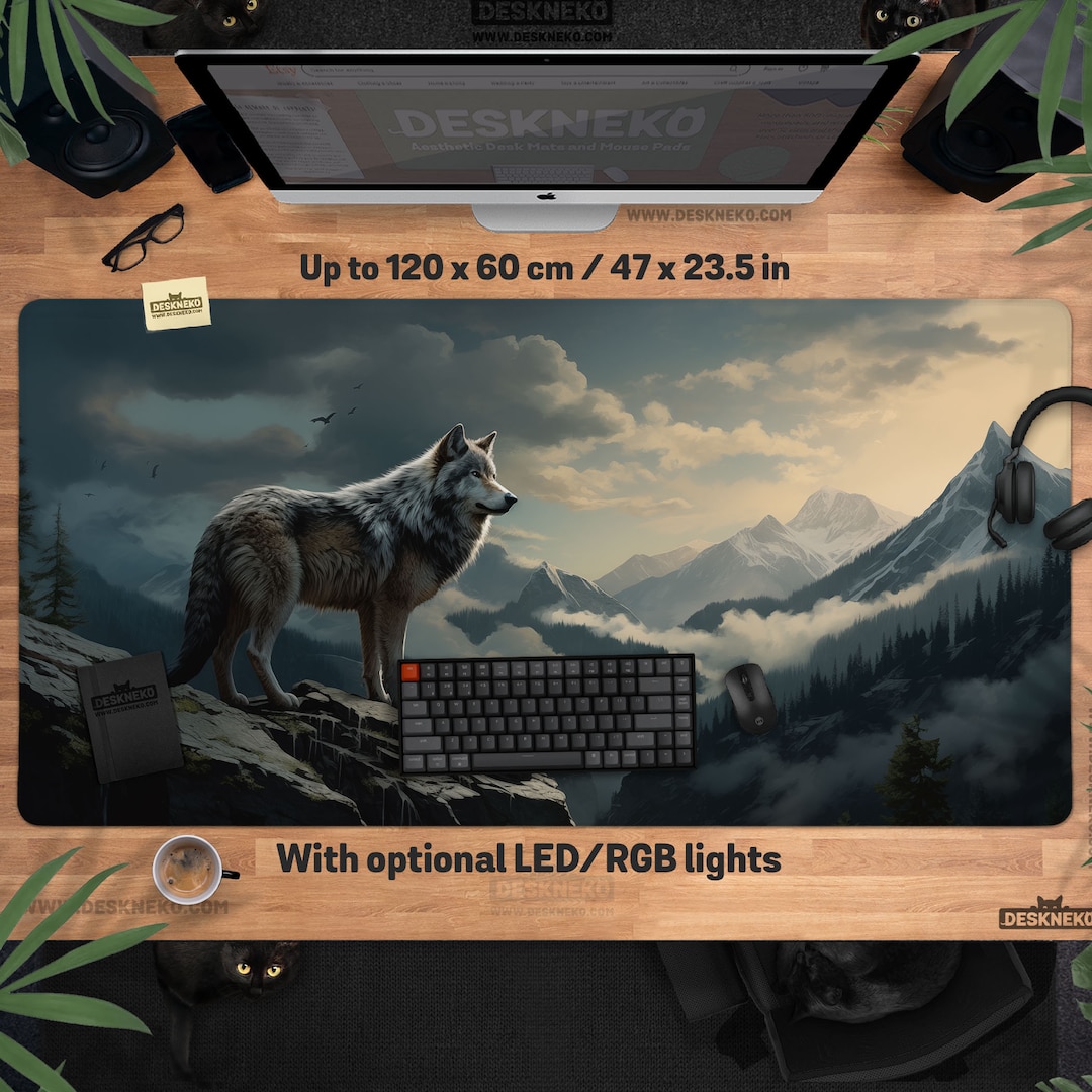 Mountain Wolf Desk Mat: Nature Mouse Pad Xl, Grey Landscape Art, Extra ...