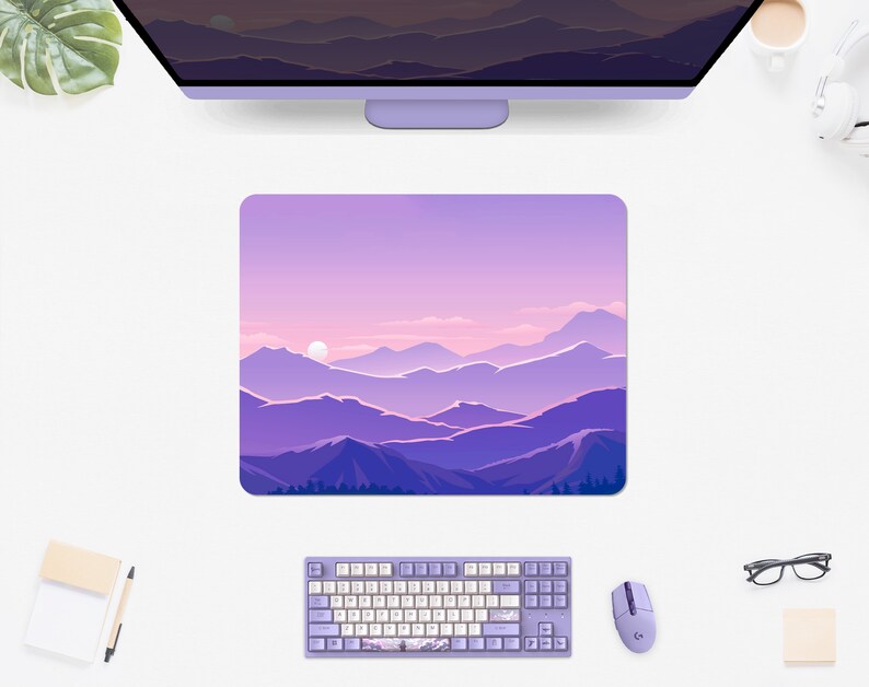 Purple Desk Mat Nature Mousepad, Pastel Lilac Mountains, Cute Japanese ...