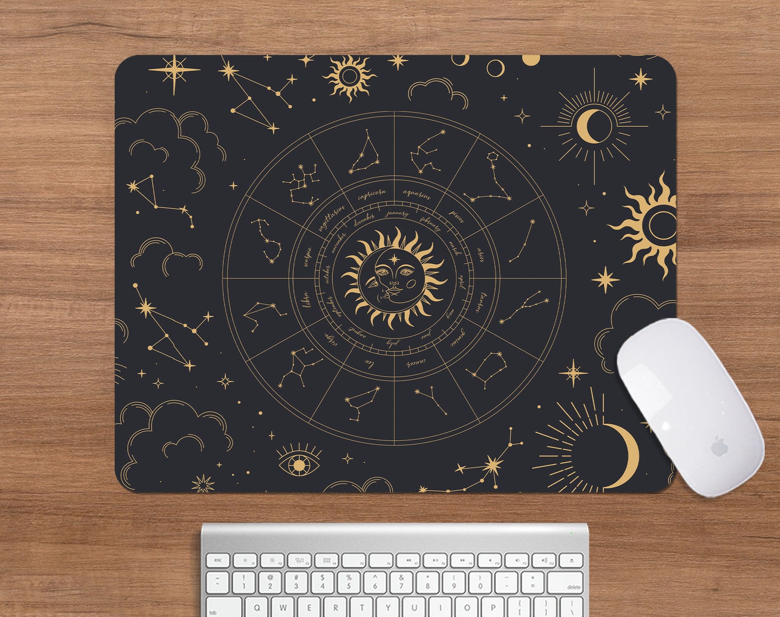 Constellation Desk Mat Astrology Mousepad Xl, Gold Black Zodiac Wheel ...