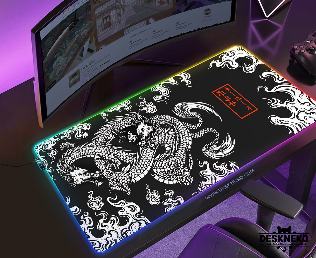 Japanese Mouse Pad Large, Dragon Desk Mat Rgb Light, Black and White ...