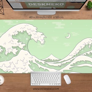 Matcha Green Mousepad Great Wave, Kawaii Desk Mat Japanese Ocean ...