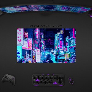 Neon Street Desk Mat, Cyan Gaming Mousepad, Japanese Vaporwave ...