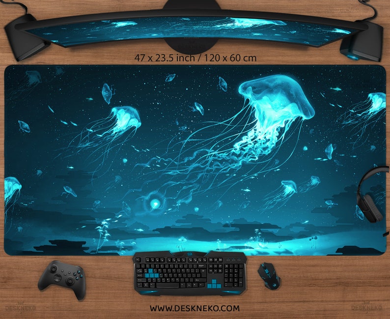 Anime Desk Mat Jellyfish, Aesthetic Mouse Pad Space Ocean, Cyan Teal ...