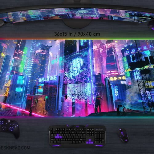 Japanese Desk Mat RGB Neon Tokyo Cat LED Gaming Mousepad With - Etsy