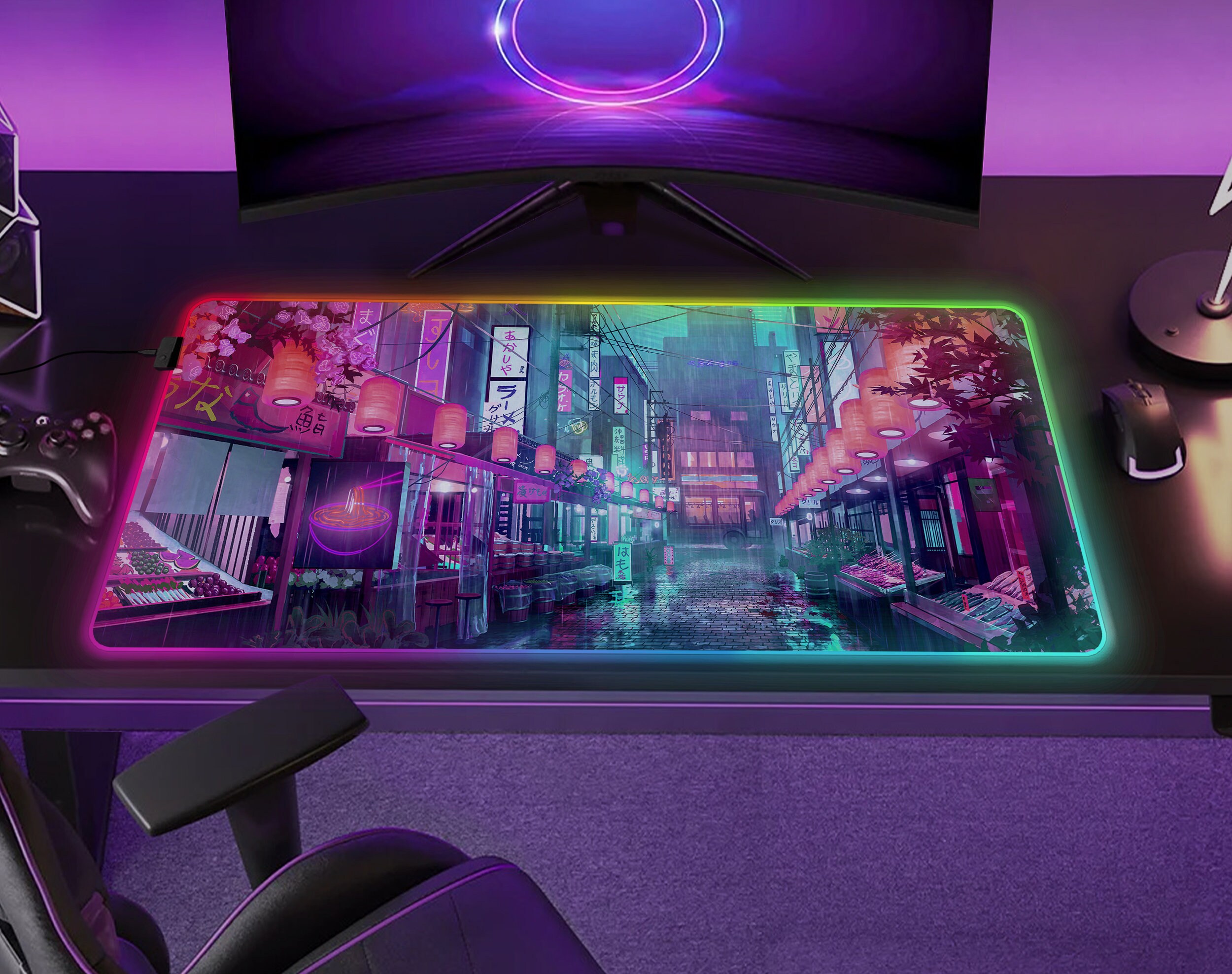RGB Desk Mat Gaming Mousepad LED, Retro Neon Tokyo Vaporwave Synthwave ...