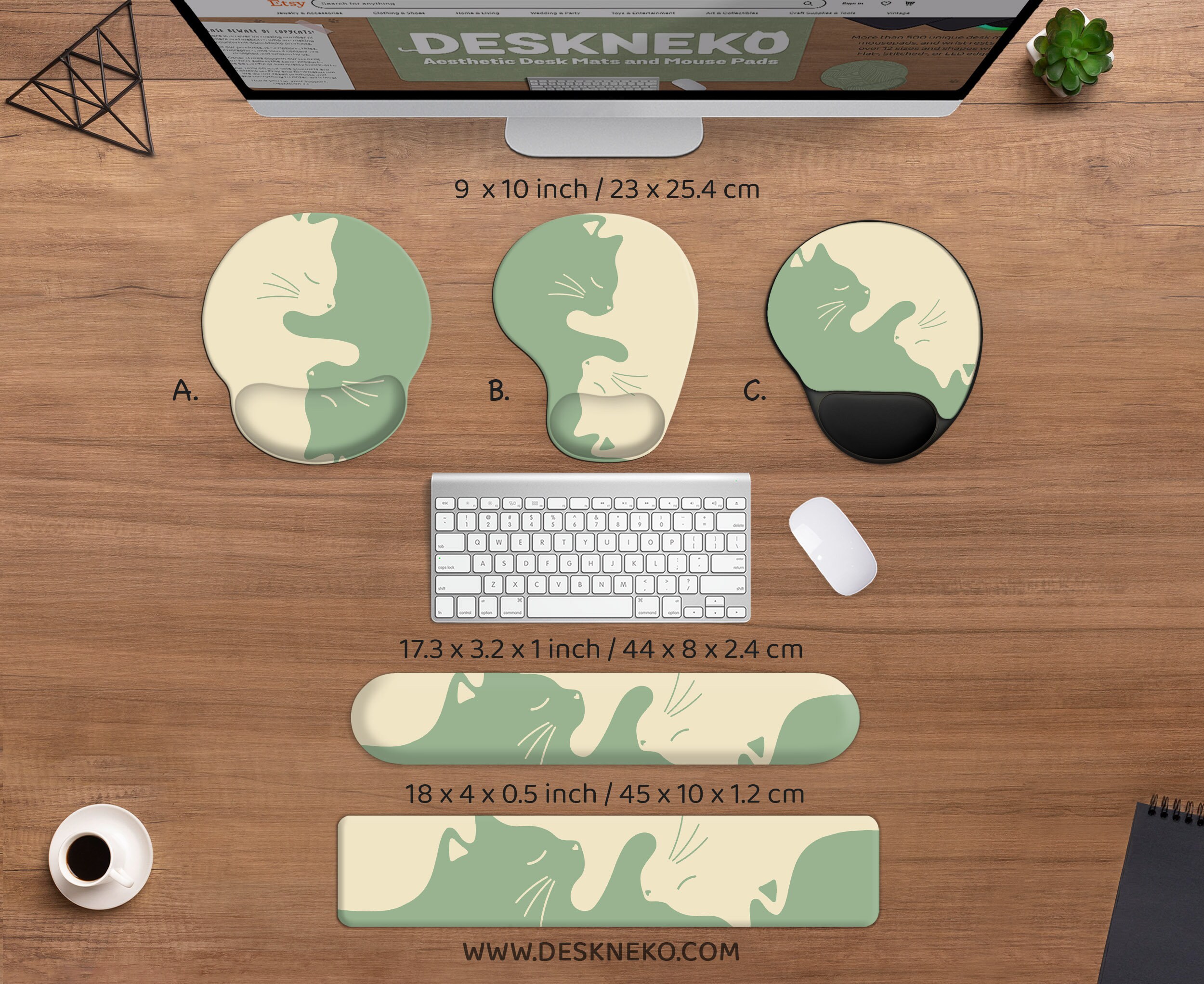Cute Cats Deskmat, Matcha Green Mousepad Minimalist, Kawaii Cat Sage ...