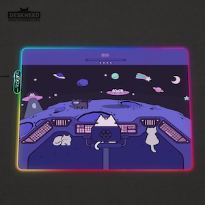 Led Desk Mat Gaming, Space Cat Deskmat, Cute Purple Anime Aesthetic ...