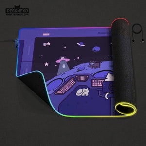 Led Desk Mat Gaming, Space Cat Deskmat, Cute Purple Anime Aesthetic ...