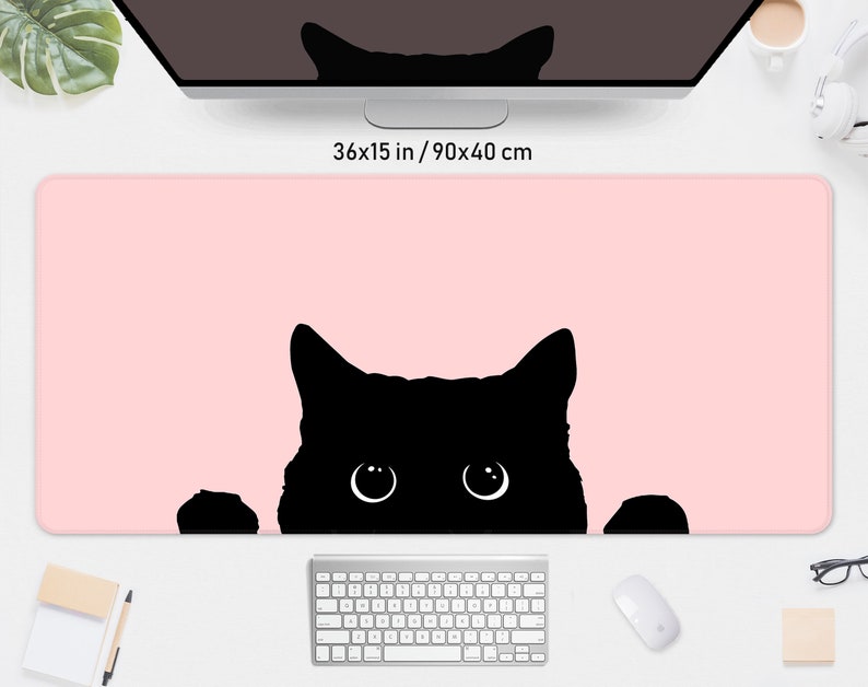 Peeking Cat Mousepad Pink Desk Mat, Black Kitten Peeking Over the Edge ...