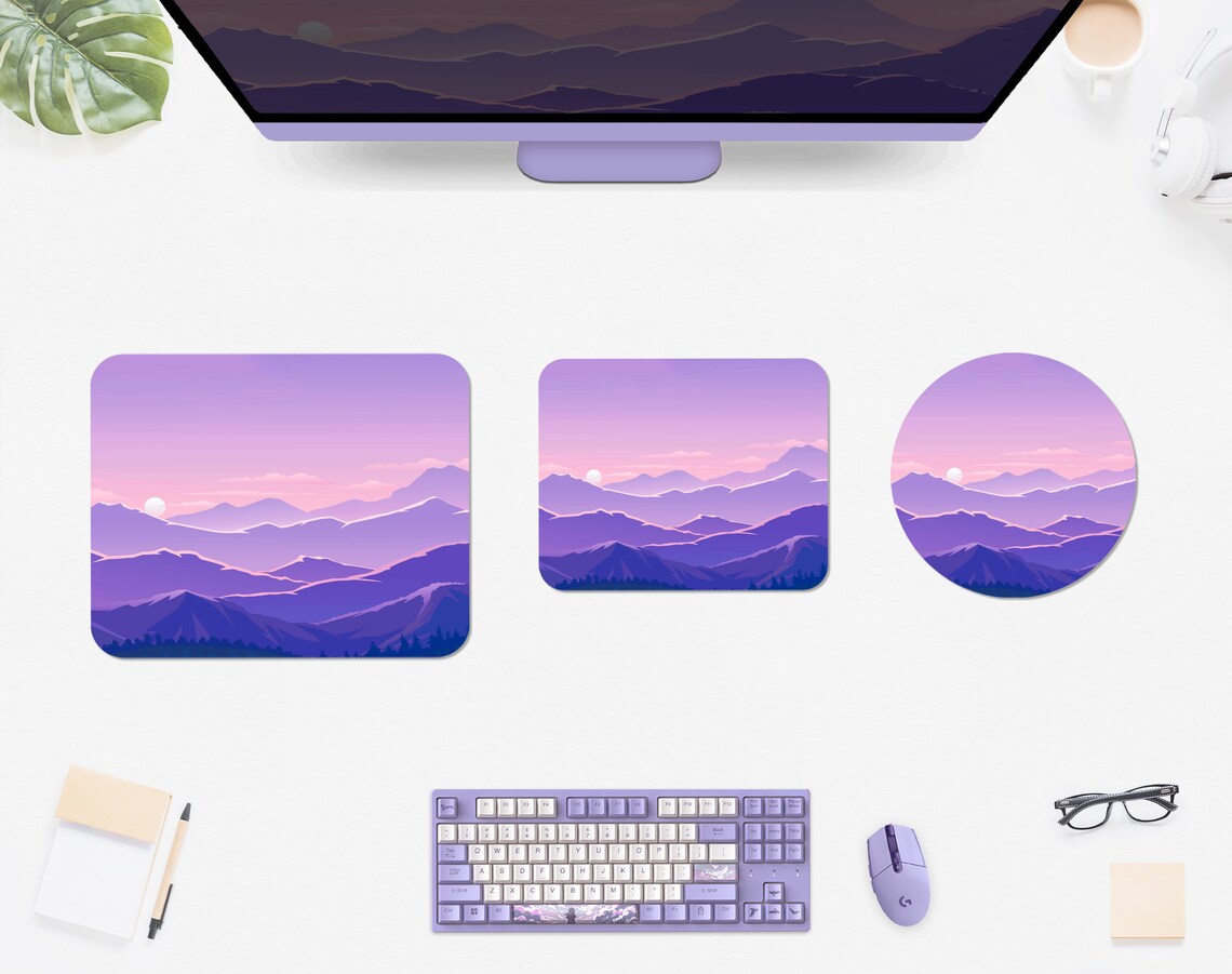 Purple Desk Mat Nature Mousepad, Pastel Lilac Mountains, Cute Japanese ...