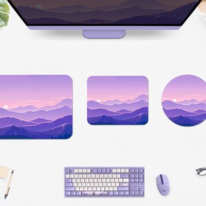 Purple Desk Mat Nature Mousepad, Pastel Lilac Mountains, Cute Japanese ...