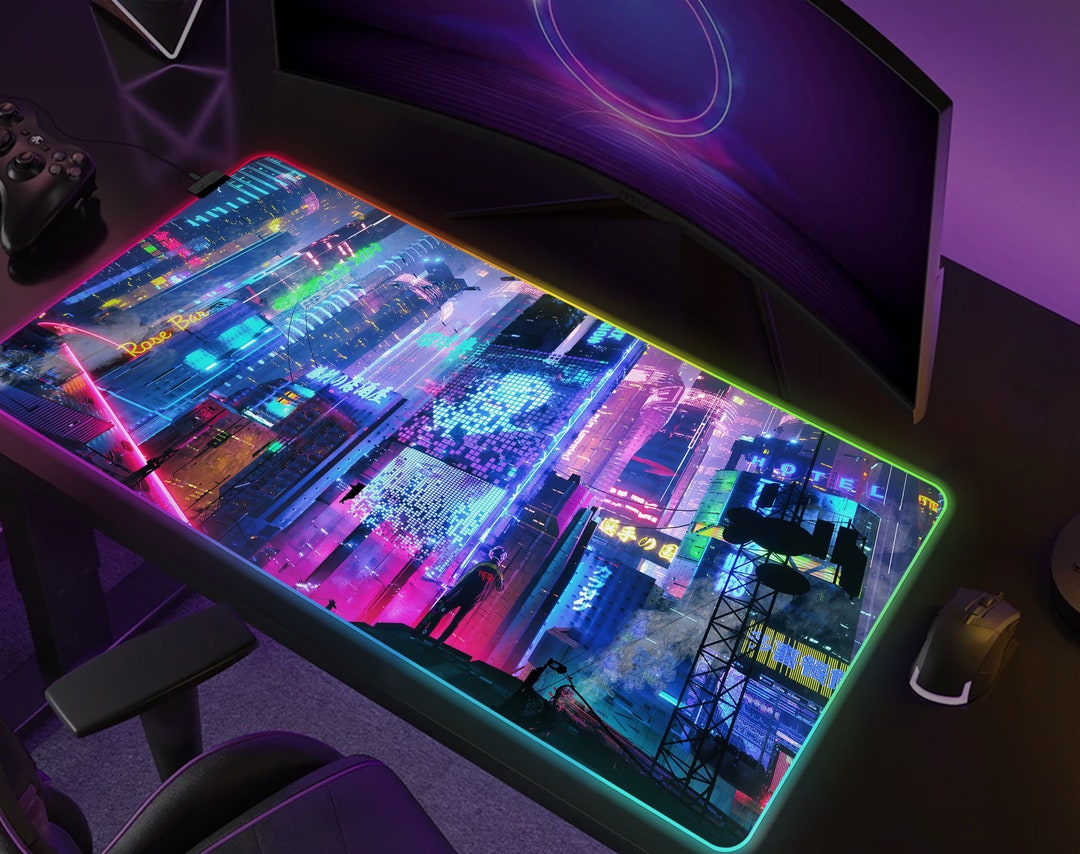 LED Desk Mat RGB Gaming Mousepad Cyberpunk City, Vaporwave Art Japan ...