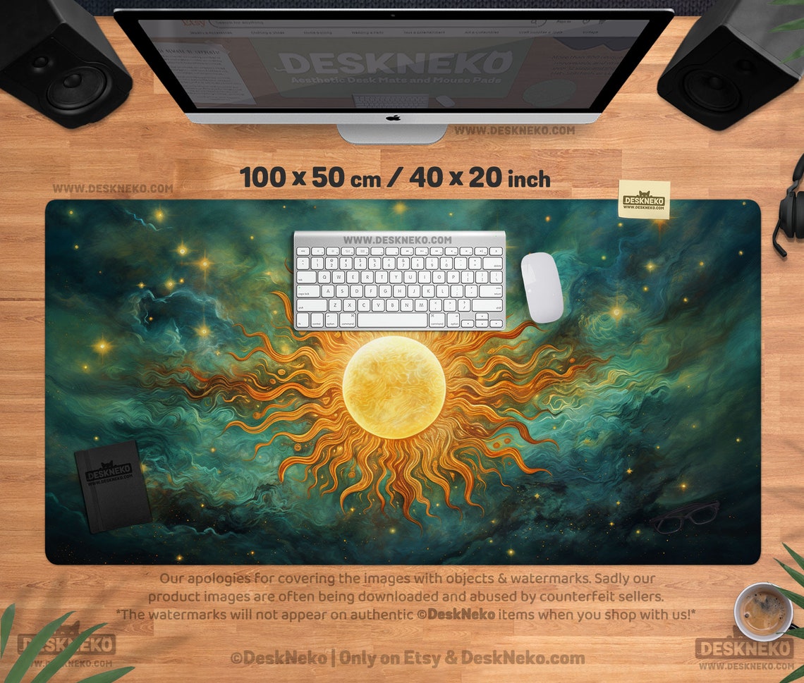 Celestial Desk Mat Green Gold Mouse Pad, Witchy Moon Deskmat, Mystic ...