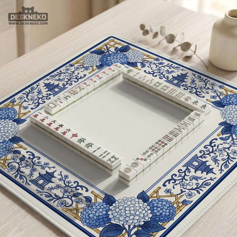 Mahjong Mat, Blue and White Chinoiserie Mahjong Table Mat, Hydrangea ...