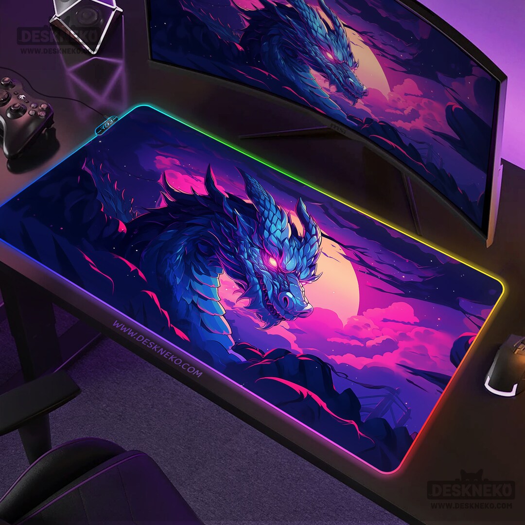 Dragon Mouse Pad LED: Extra Large Desk Mat RGB, Neon Purple Anime ...