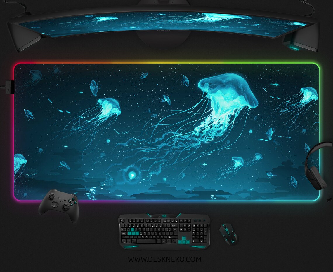Anime Desk Mat Jellyfish, Aesthetic Mouse Pad Space Ocean, Cyan Teal ...