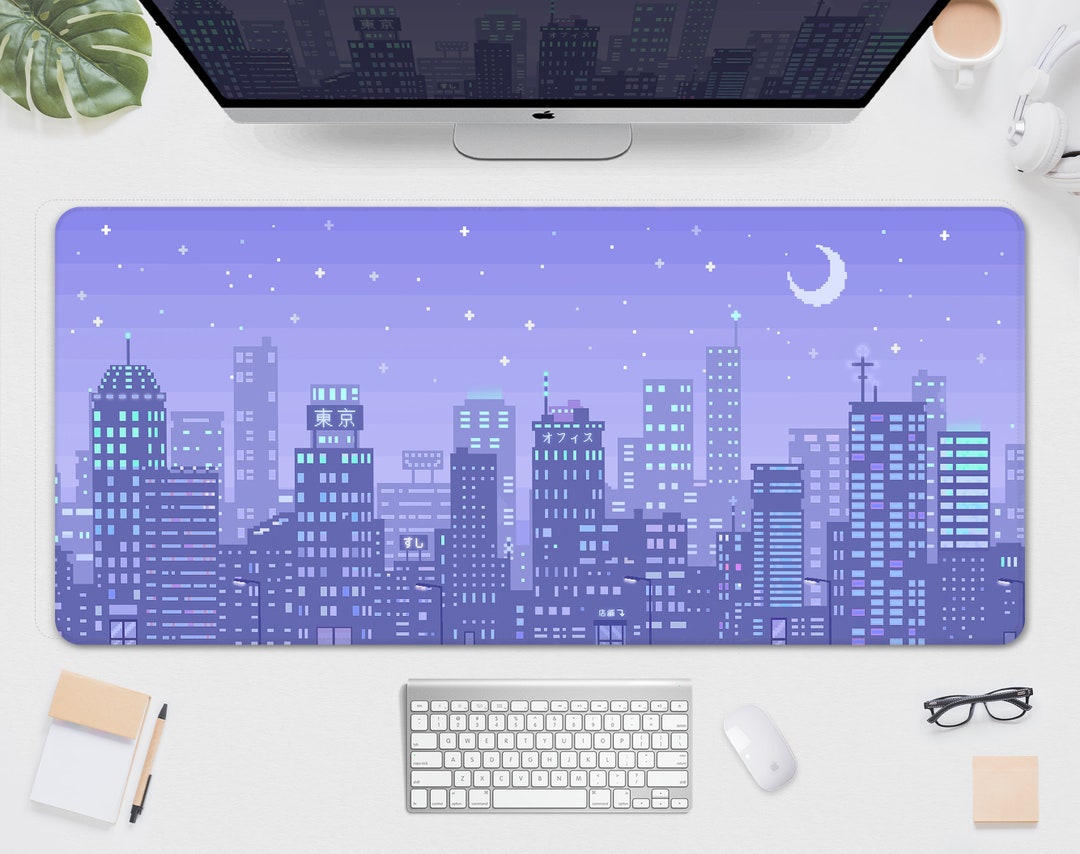 Pastel Purple Desk Mat Mousepad, Japanese Skyline Tokyo 8 Bit Pixel Art ...