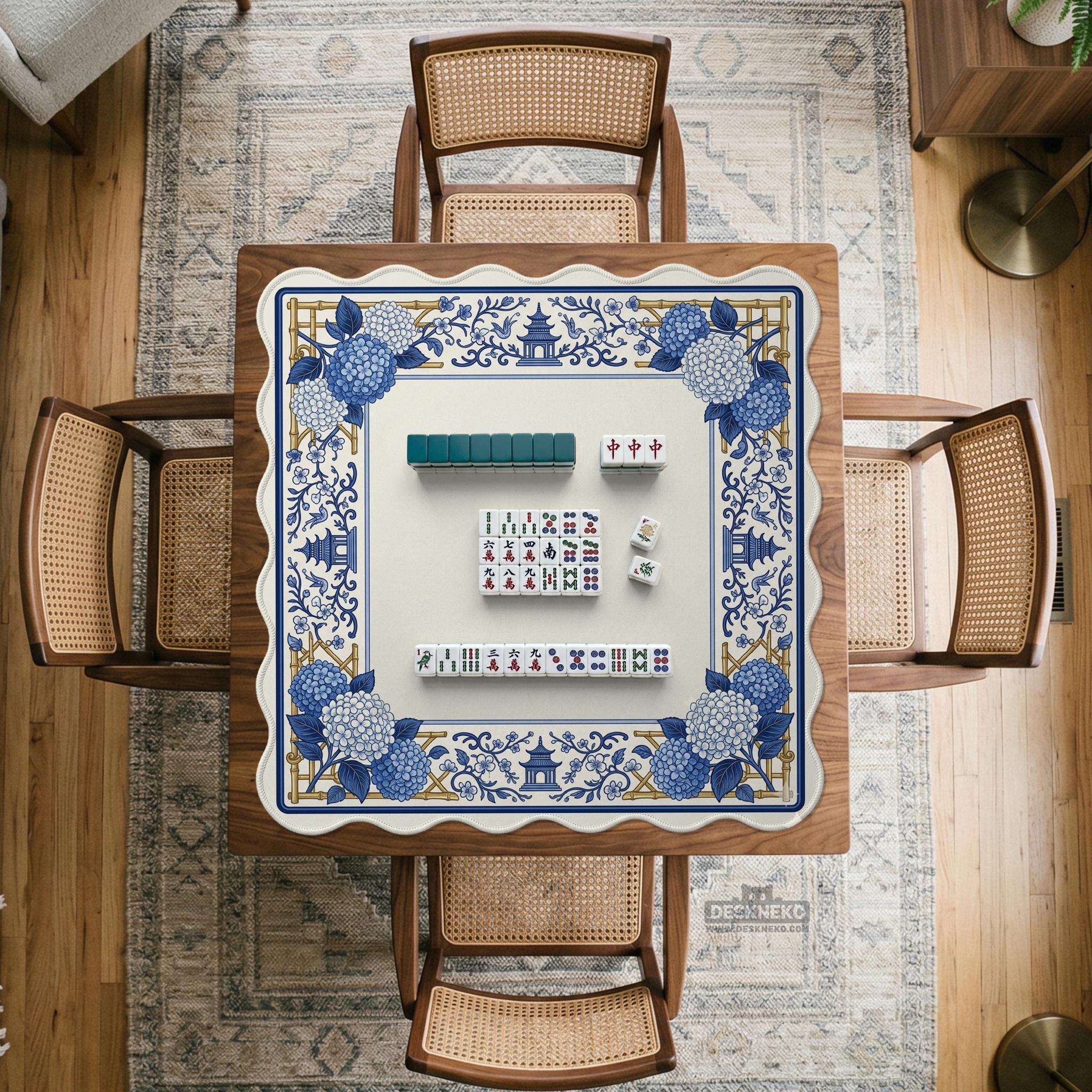Mahjong Mat, Blue and White Chinoiserie Mahjong Table Mat, Hydrangea ...