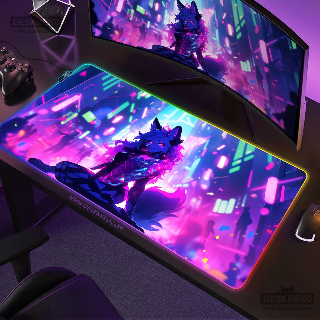 Furry Desk Mat, Large Mouse Pad LED: Gaming Deskmat RGB, Purple Pink ...