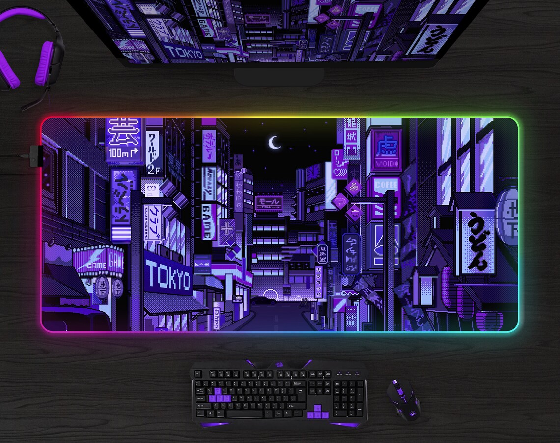 LED RGB Gaming Desk Mat Vaporwave Mousepad Cyberpunk, Japanese Skyline ...