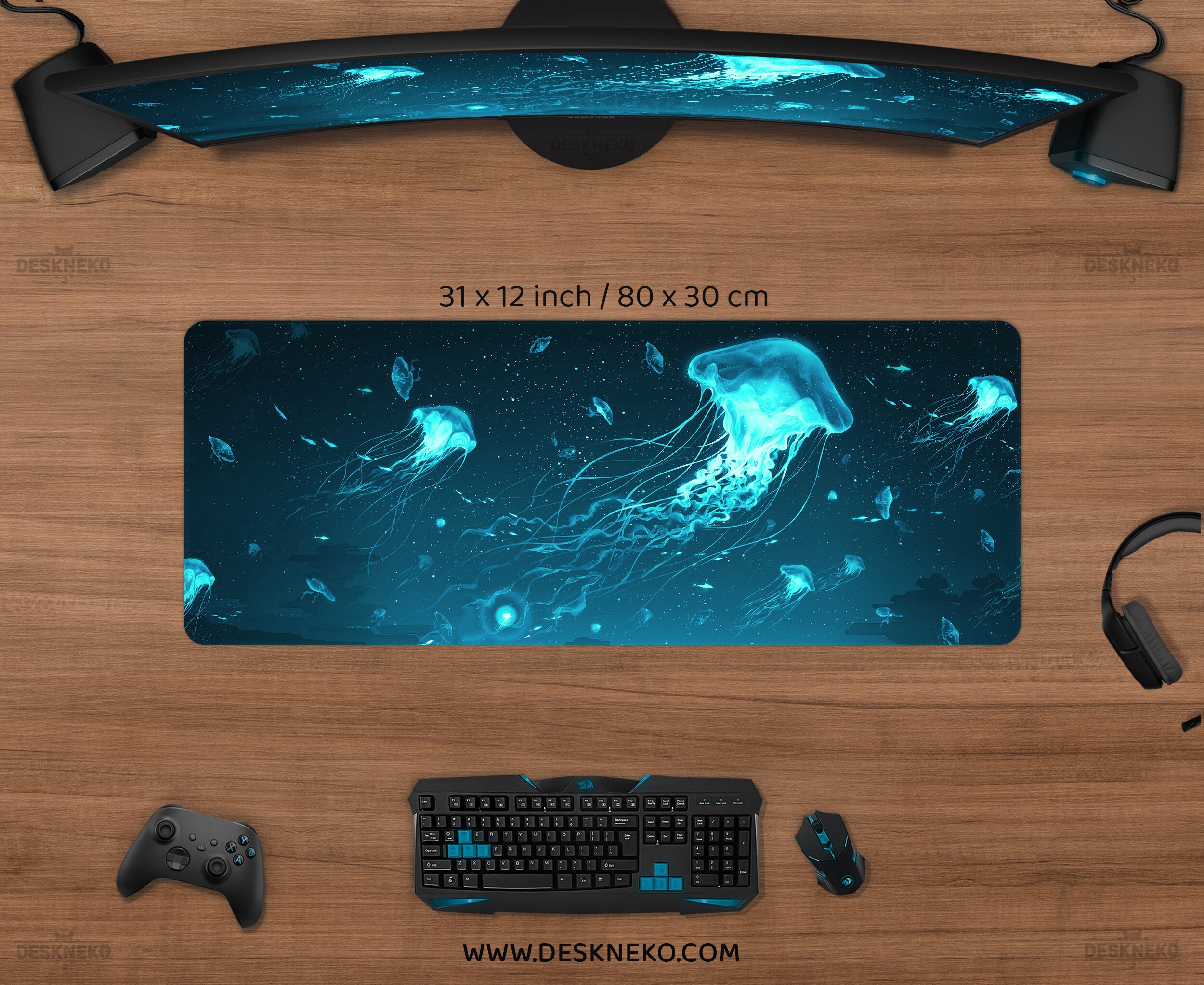 Anime Desk Mat Jellyfish, Aesthetic Mouse Pad Space Ocean, Cyan Teal ...