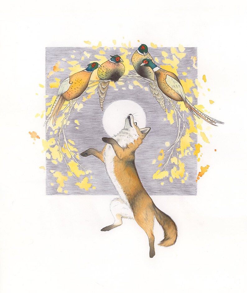 Fox and Pheasants Art Print - Etsy
