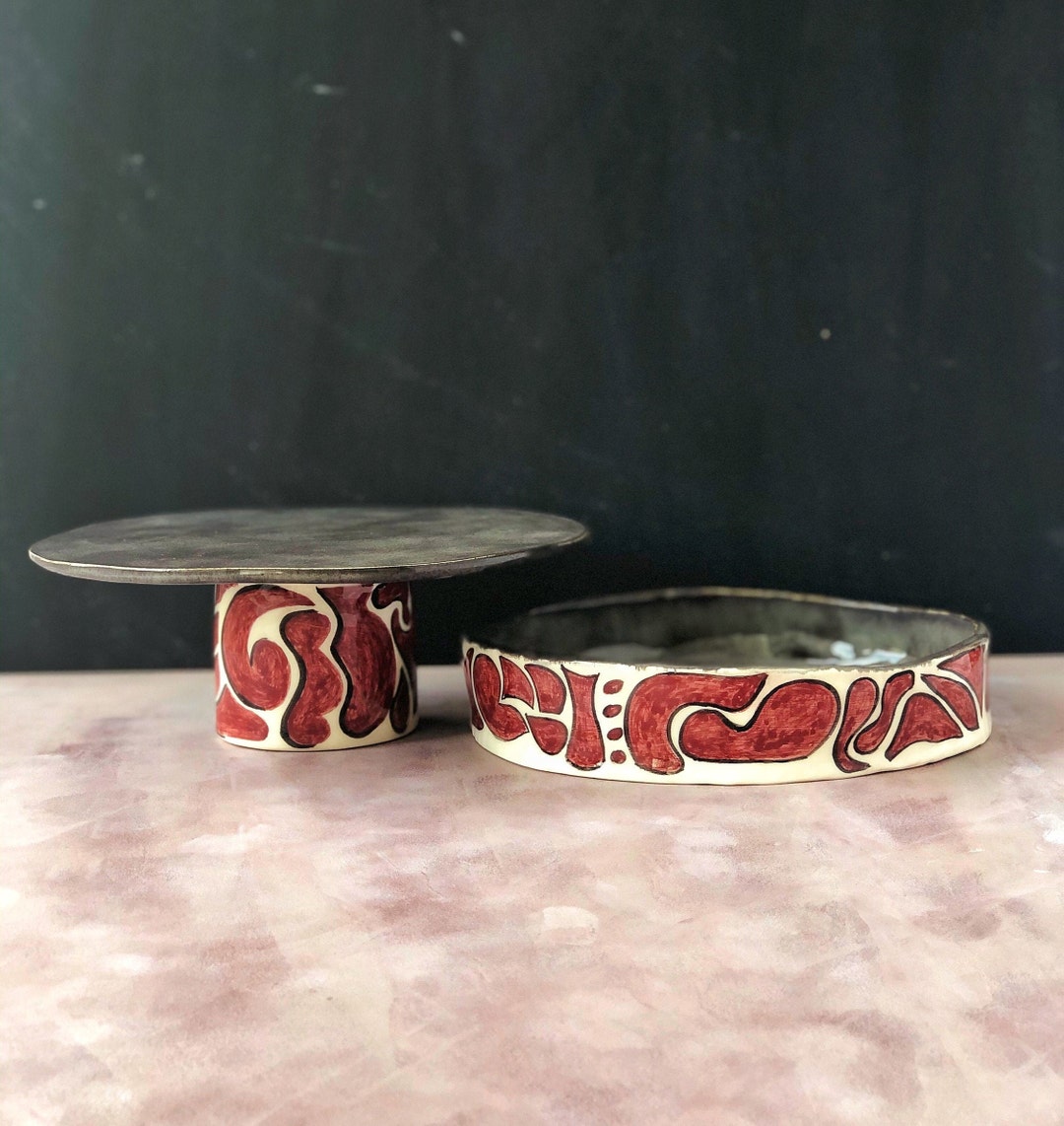 Handmade Ceramic Cake Stand & Serving Plate Set: Hand-painted Design - Etsy