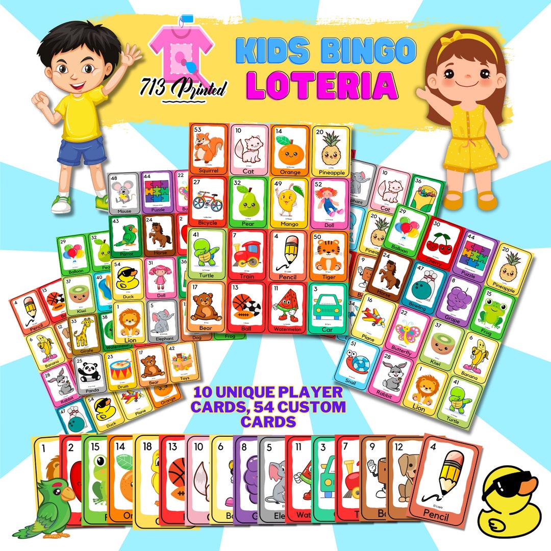 KIDS BINGO LOTERIA ,includes 10 Unique Player Tables, 54 Custom Cards ...