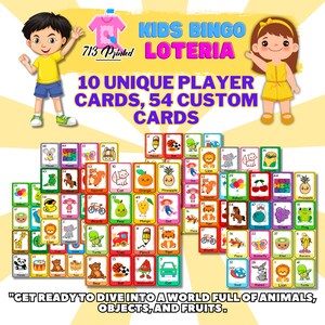 KIDS BINGO LOTERIA ,includes 10 Unique Player Tables, 54 Custom Cards ...