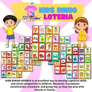 KIDS BINGO LOTERIA ,includes 10 Unique Player Tables, 54 Custom Cards ...