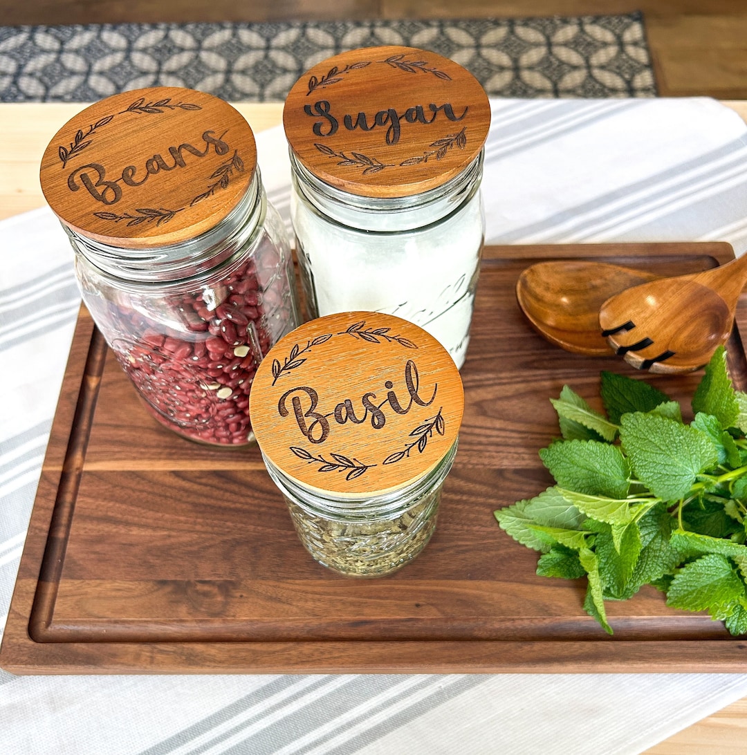 Custom Engraved Wood Mason Jar Lids | Set of 6 Wide Mouth Mason Jar ...