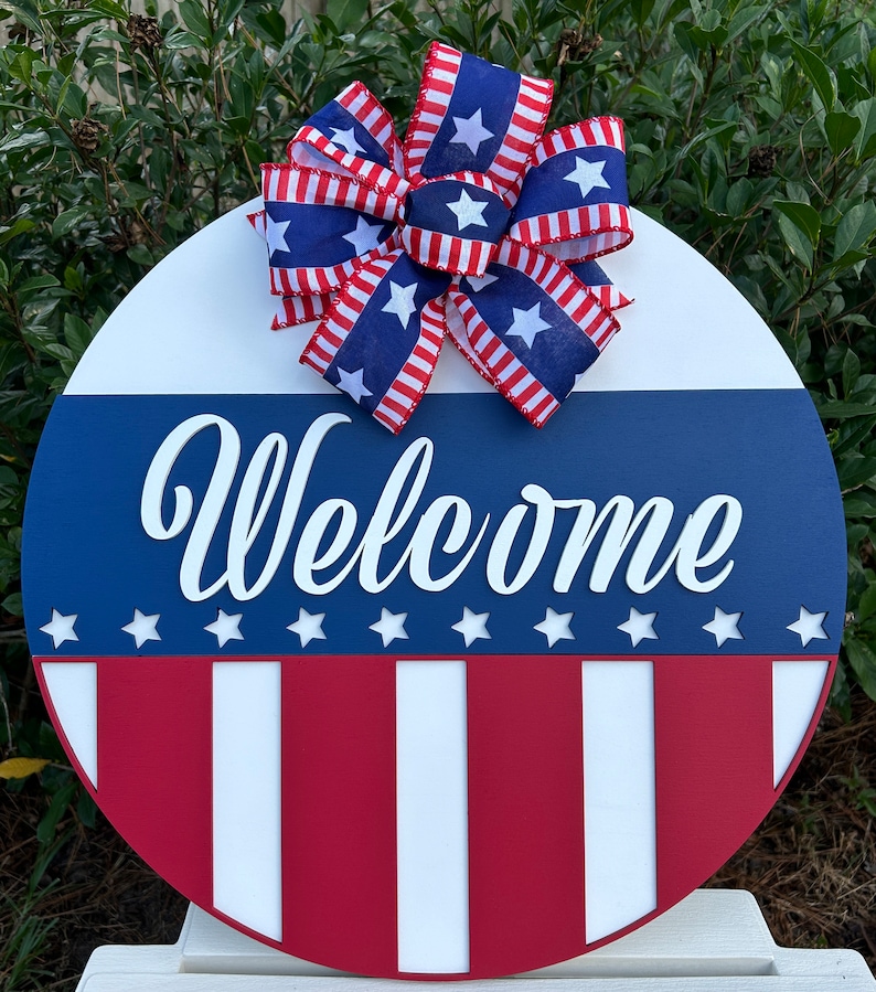 American Flag Wooden Door Sign, Patriotic Door Wreath, Red White and ...