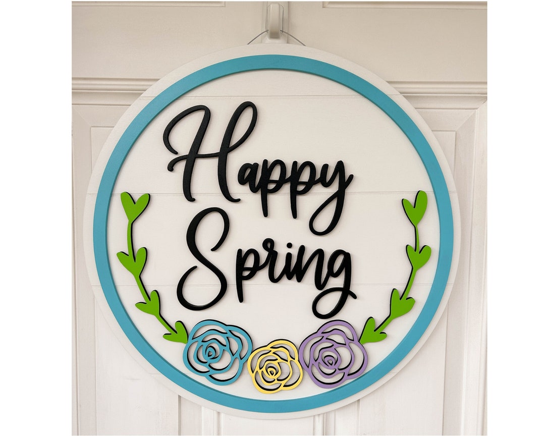 Happy Spring Wood Door Hanger | Spring Wood Wreath | Happy Spring Sign ...
