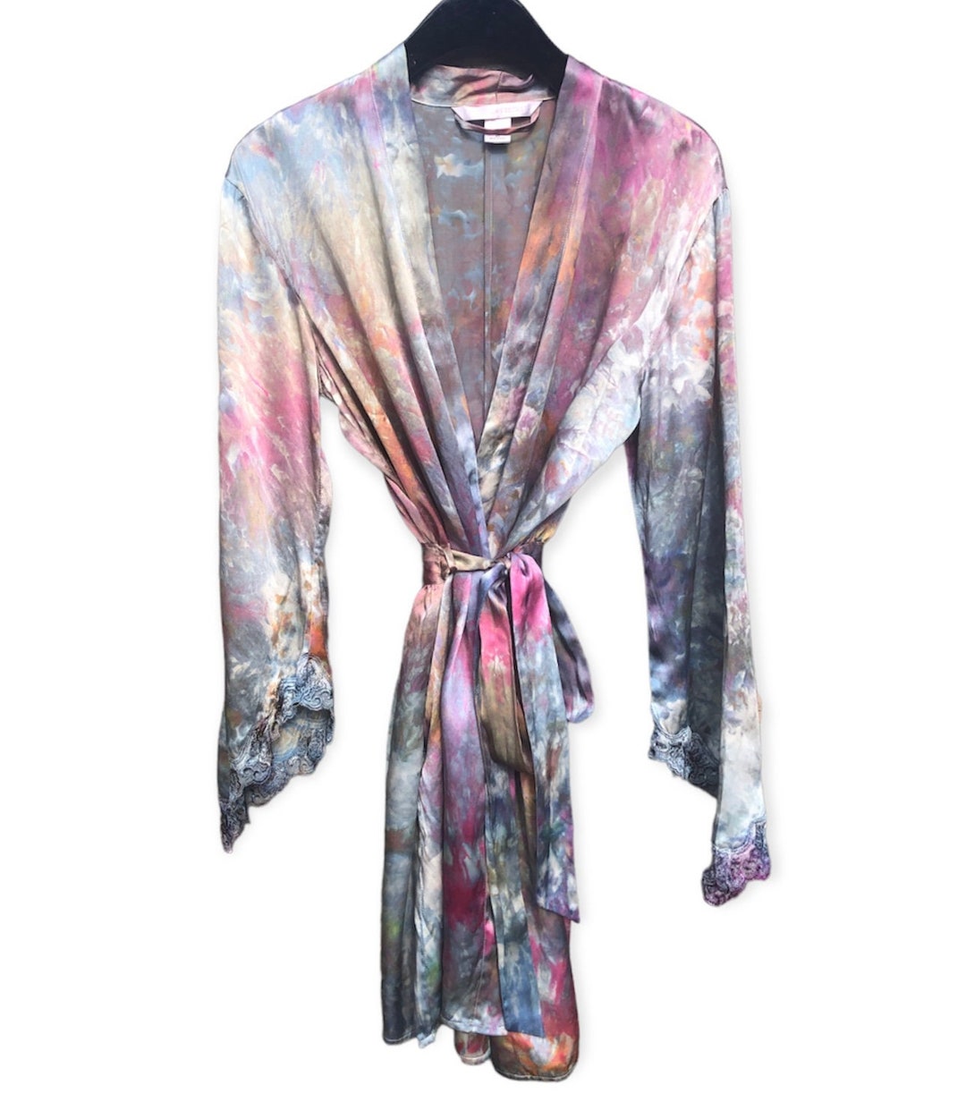 Upcycled SAKURA Ice Dyed Silk Robe Size XS | Tocayo Tie Dye Belted ...