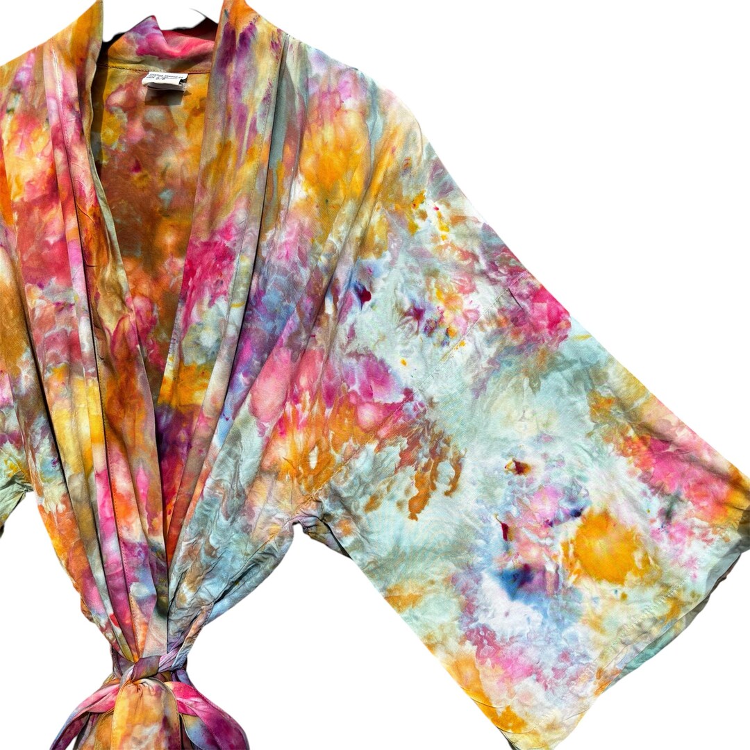 OJAI Ice Tie Dyed Kimono Robe | Rainbow Rayon Duster W/ Belt - Etsy