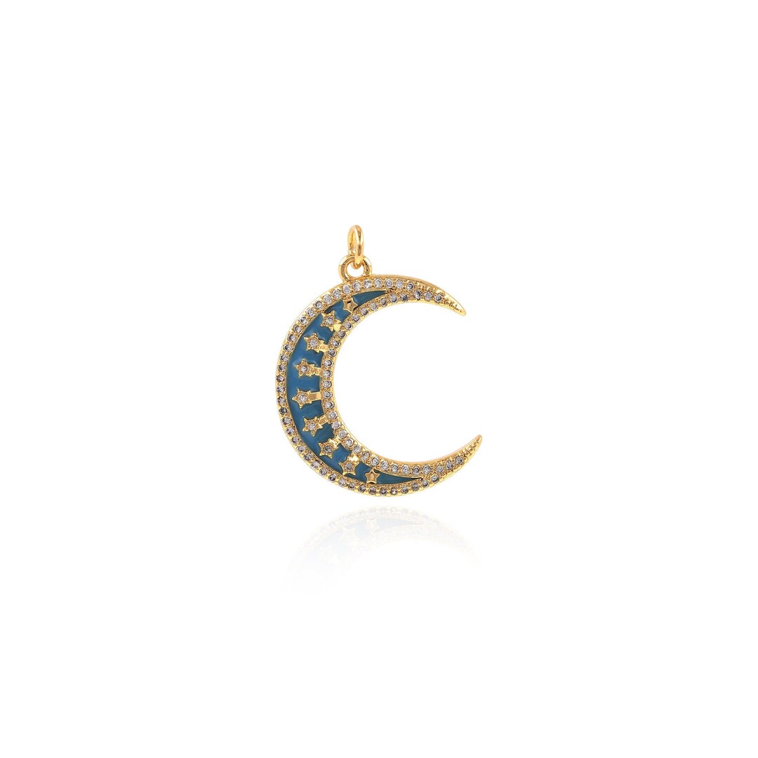Enamel Moon Pendant, Micropavé CZ Half Moon Pendant, 18K Gold Filled ...