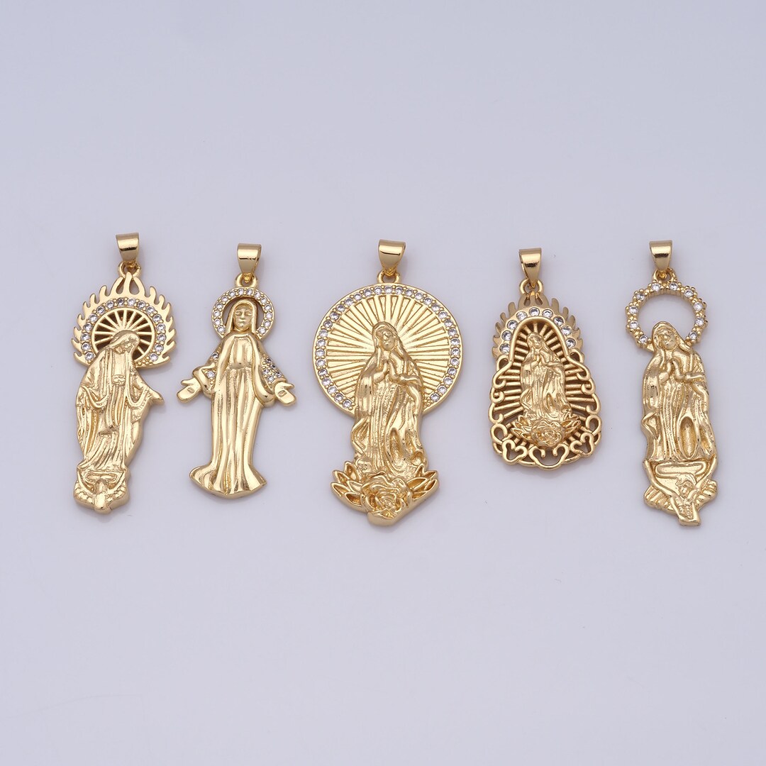 18K Gold Filled Religious Pendant, Micropavé CZ Catholic Charm, Virgin ...